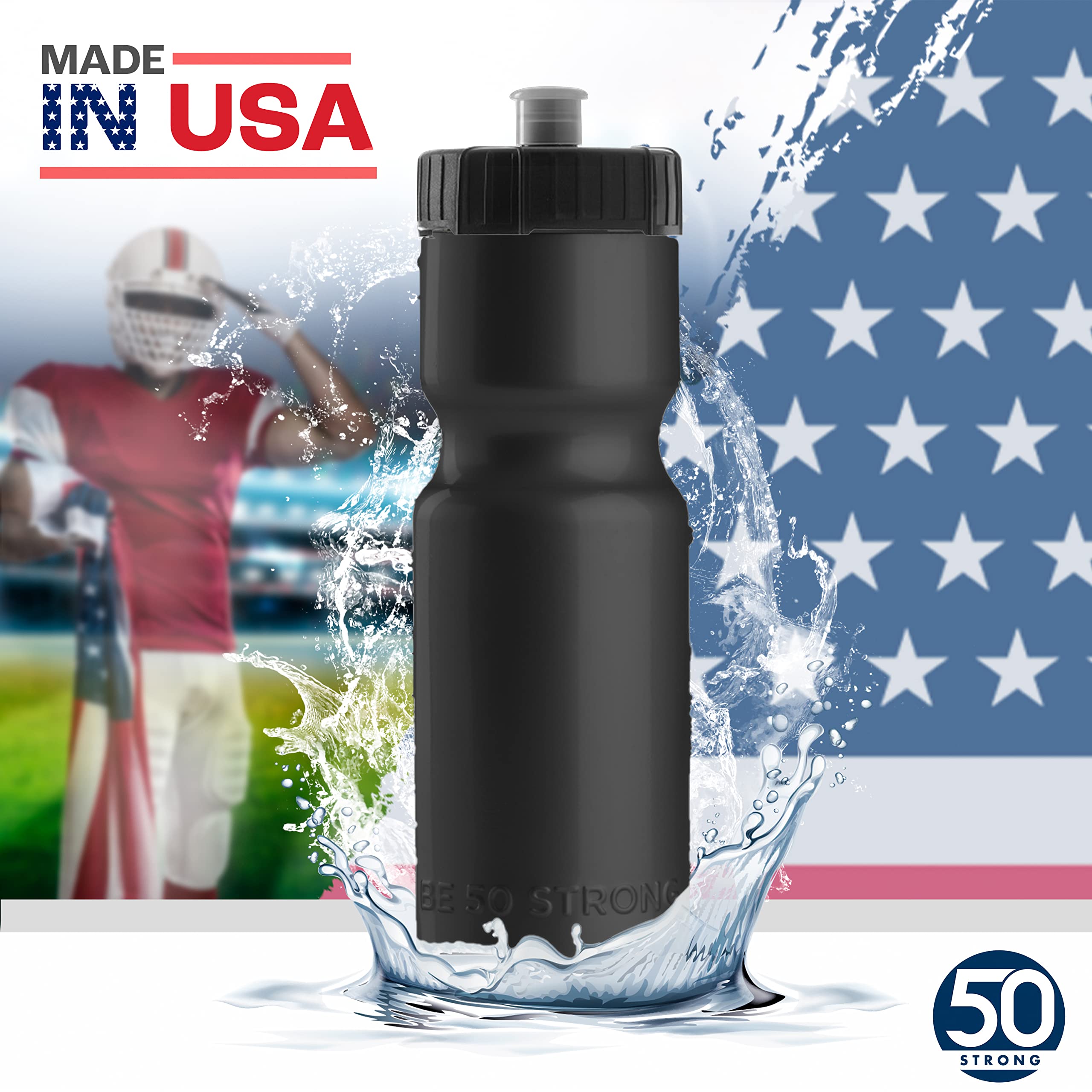 50 Strong Sports Water Bottles 2-Pack – Reusable 22 oz BPA-Free Plastic Bottles with Pull Top Cap – Made in USA – Top Rack Dishwasher Safe – Fits Most Bike Cages Brand - Black