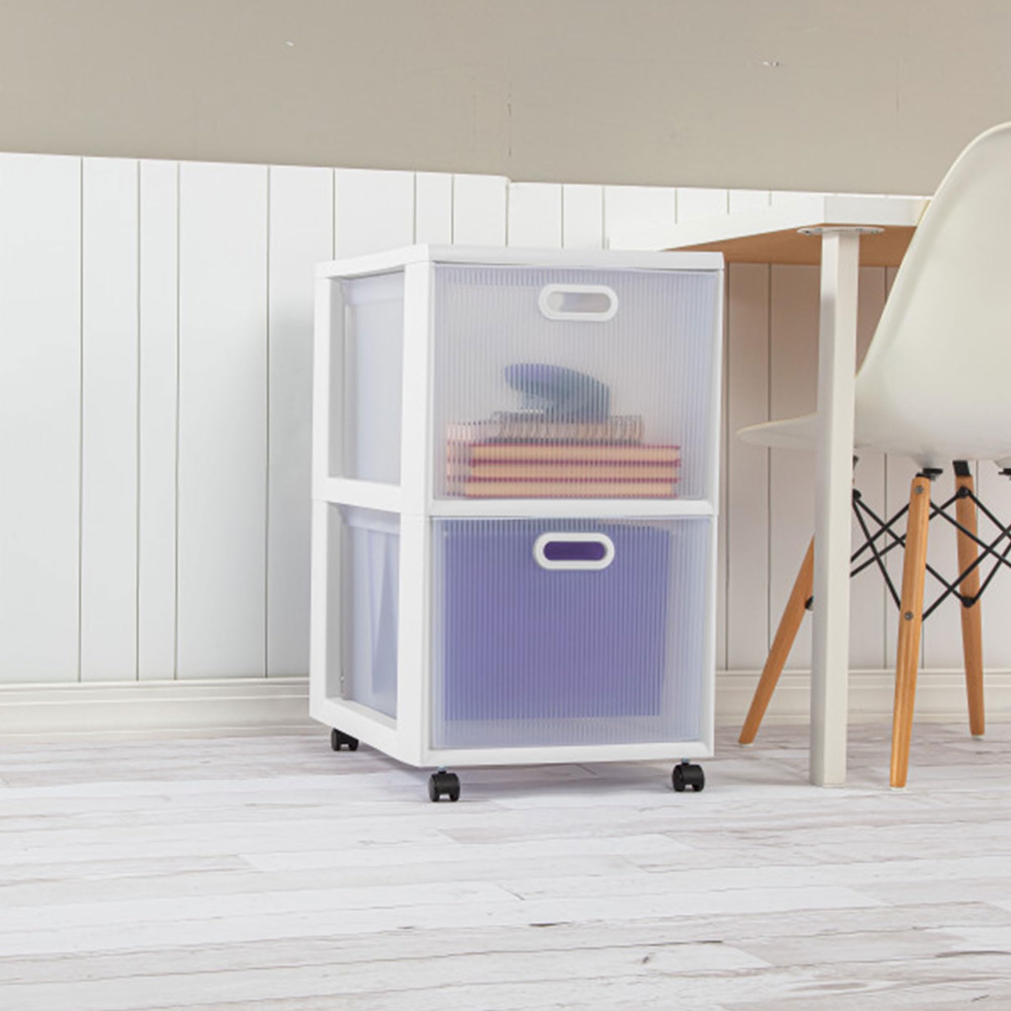Sterilite Ultra 2 Drawer Filing Storage Cart, Plastic Rolling Cart with Wheels to Organize Desk, Office, White with Textured Clear Drawers, 4-Pack