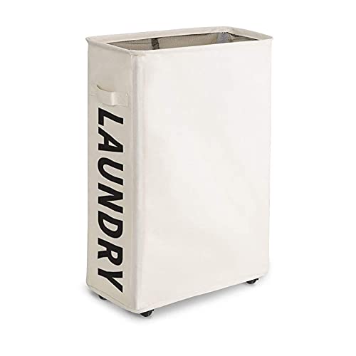 Chrislley 45L Slim Laundry Hamper with Wheels Narrow Rolling Laundry Basket Foldable Dirty Clothes Portable Skinny Hamper Organizer Storage Bins (23.2 inches, Beige 3)