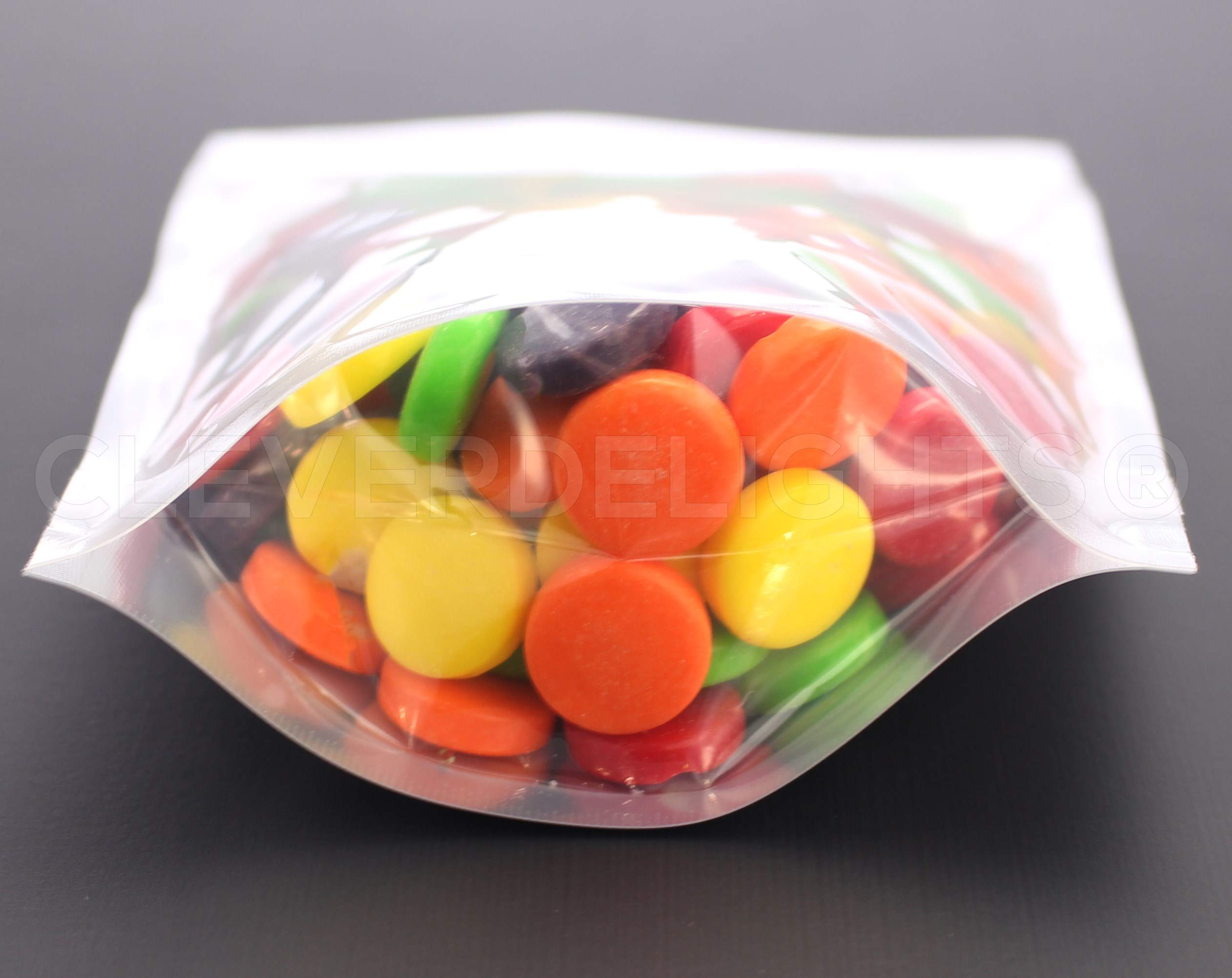 CleverDelights Silver/Clear Stand Up Pouches - 4oz - 100 Pack - 5" x 8" x 2.5" - Resealable Bag