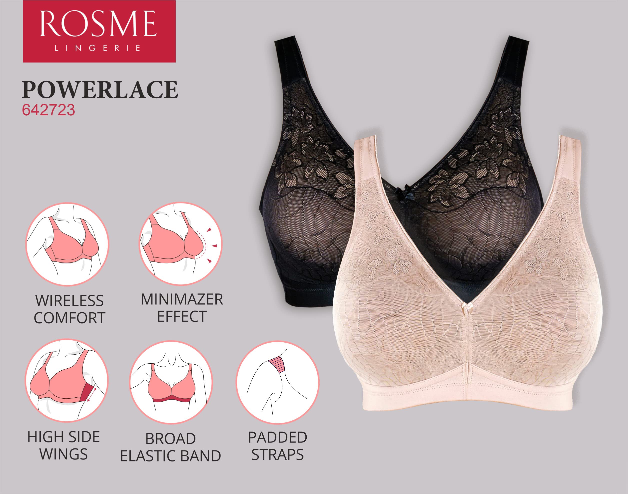 Rosme Women’s Soft Wireless T-Shirt Bra, Comfortable Seamless Full Coverage No Underwire Supportive Bras with Smooth Molded Cups and Padded Adjustable Shoulder Straps Powerlace, Black, Size 34G