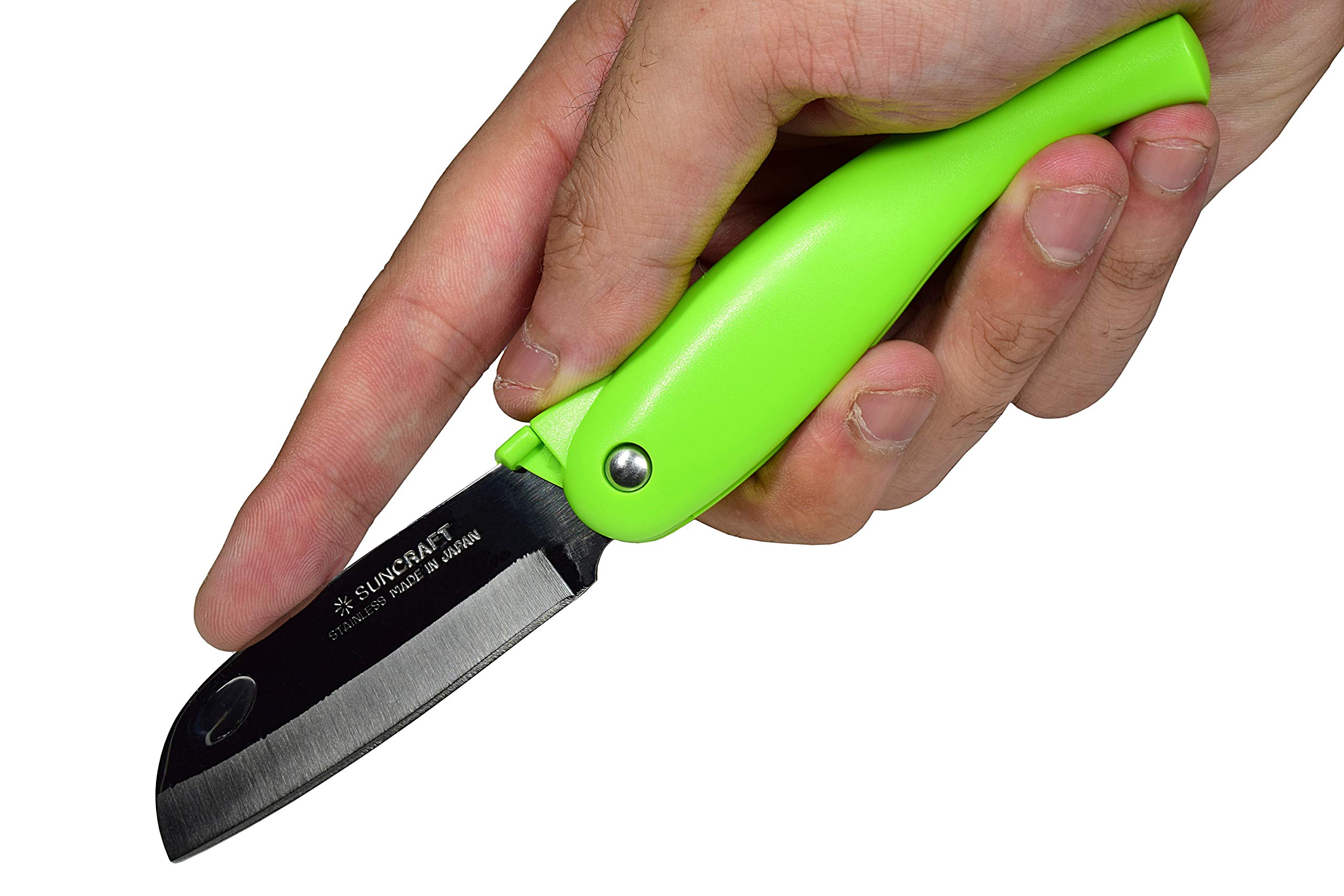 Seki Japan Folding Fruit Knife, Small Peeling Knife, 3.3-inch stainless steel blade with green plactic handle, for kitchen and outdoor