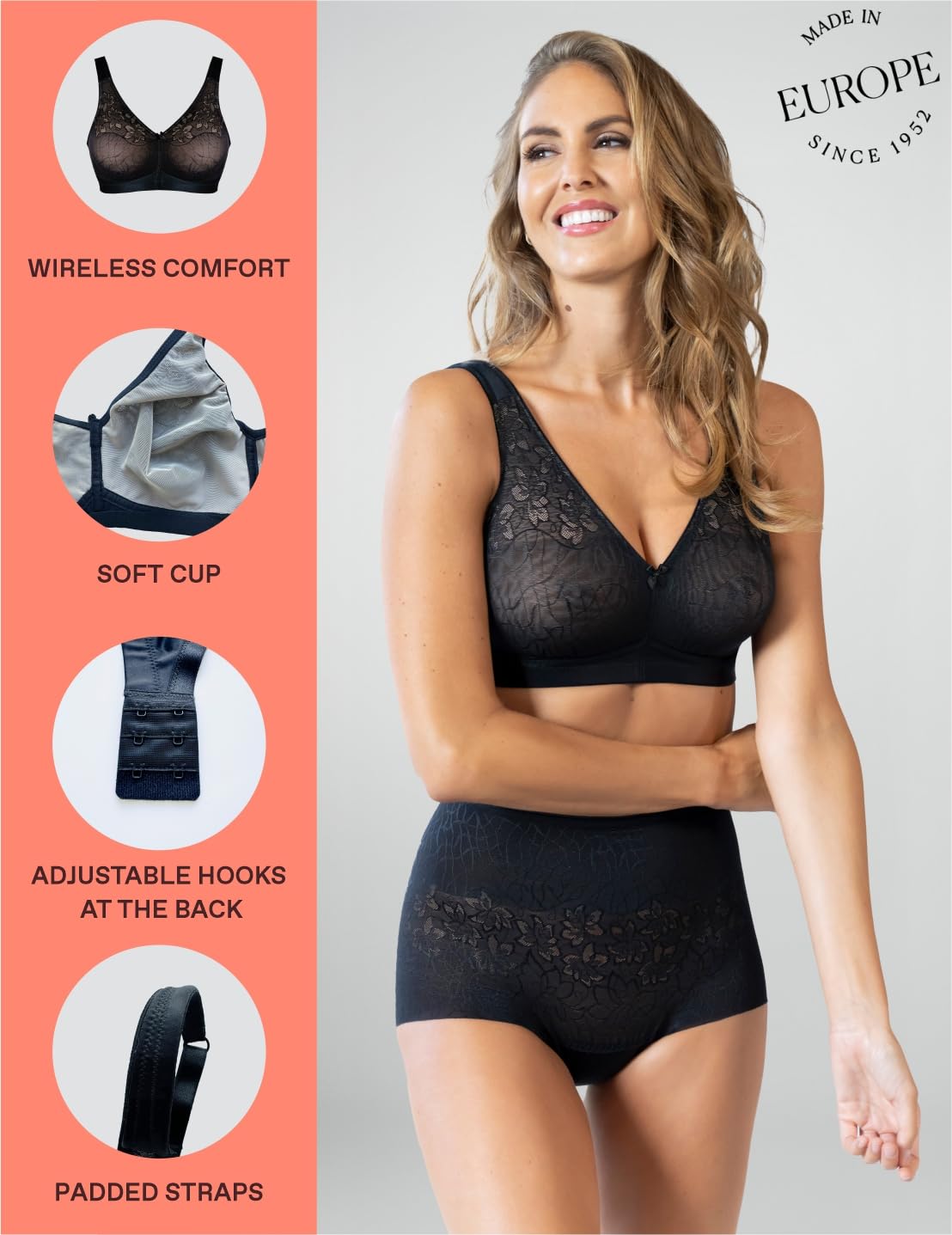 Rosme Women’s Soft Wireless T-Shirt Bra, Comfortable Seamless Full Coverage No Underwire Supportive Bras with Smooth Molded Cups and Padded Adjustable Shoulder Straps Powerlace, Black, Size 34G