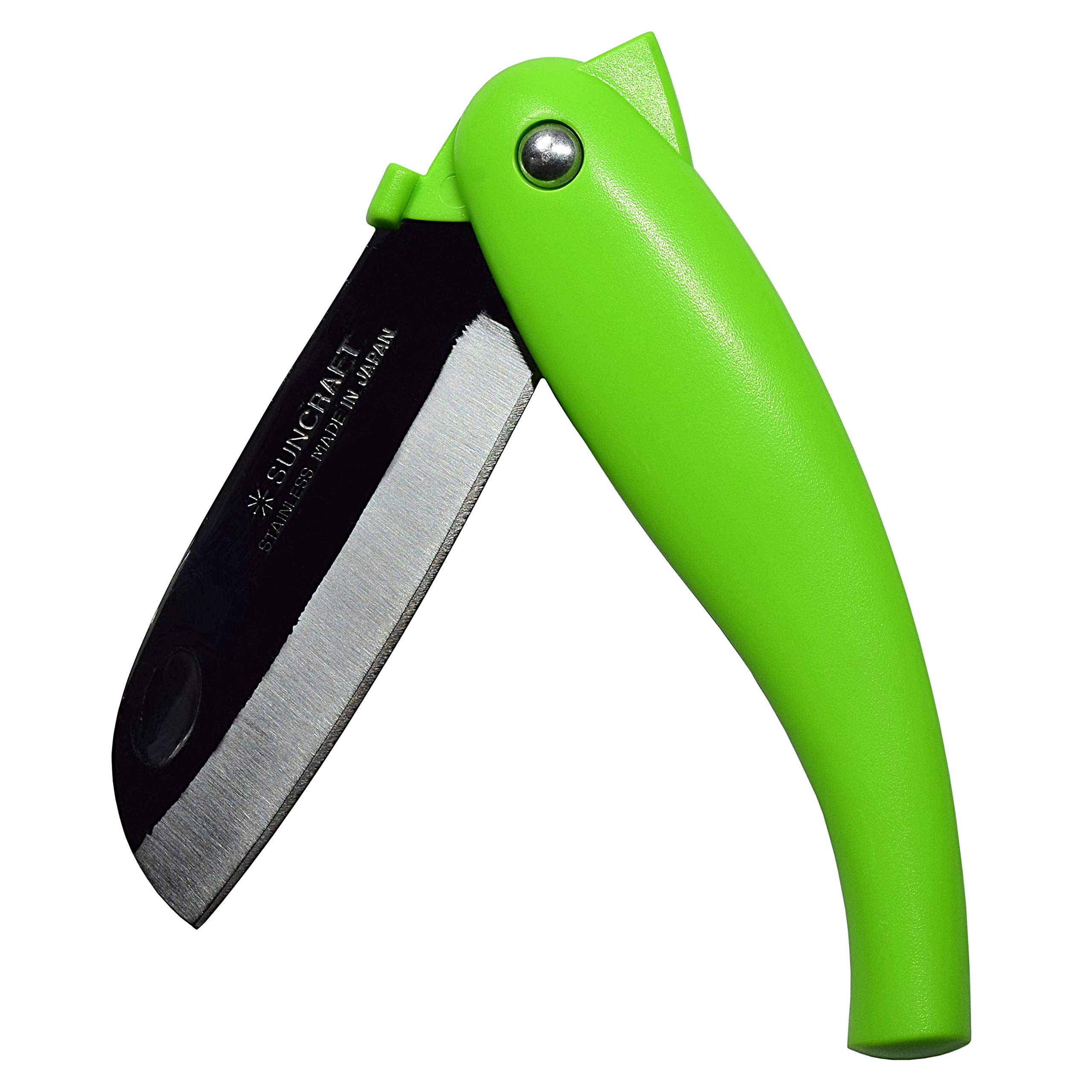 Seki Japan Folding Fruit Knife, Small Peeling Knife, 3.3-inch stainless steel blade with green plactic handle, for kitchen and outdoor
