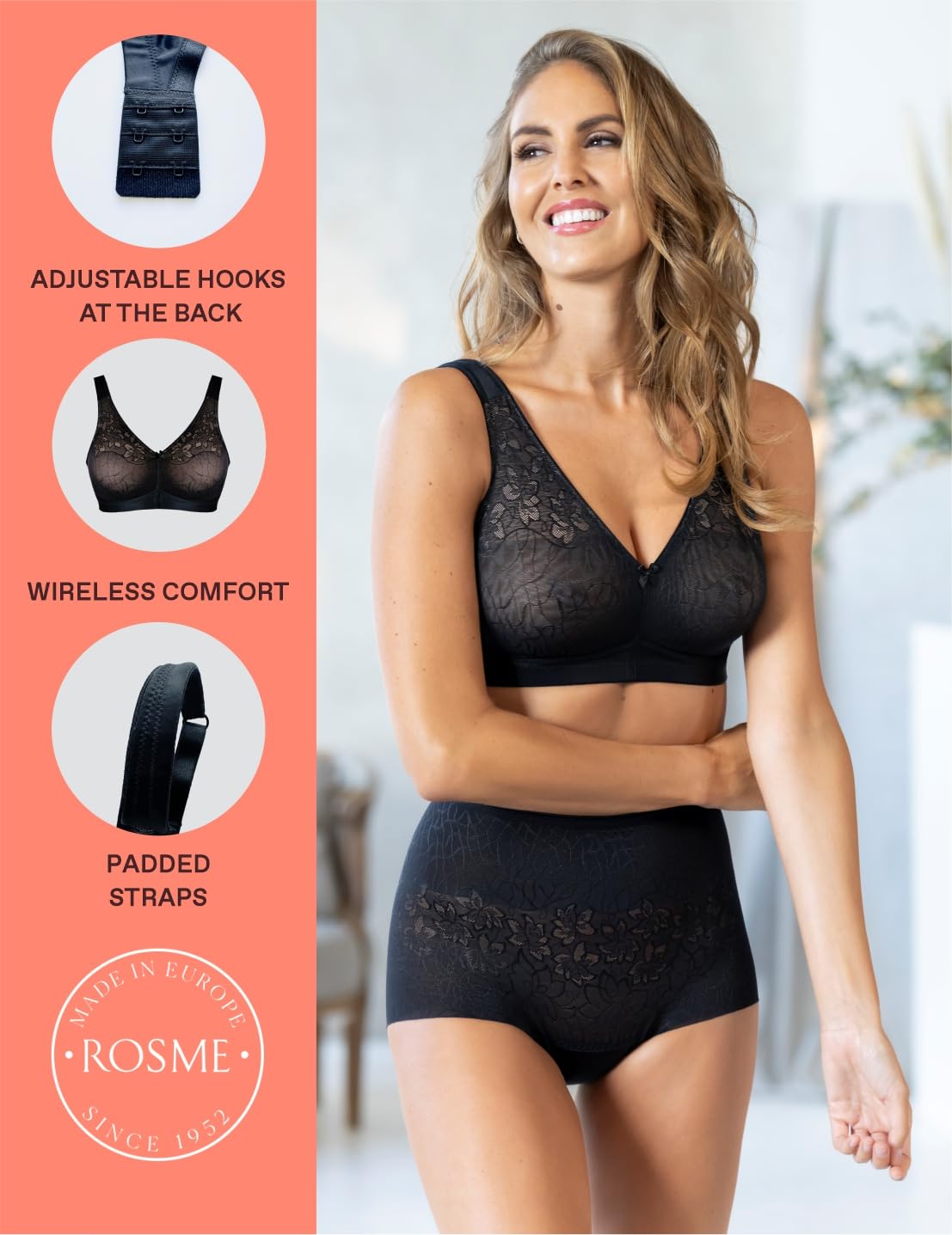 Rosme Women’s Soft Wireless T-Shirt Bra, Comfortable Seamless Full Coverage No Underwire Supportive Bras with Smooth Molded Cups and Padded Adjustable Shoulder Straps Powerlace, Black, Size 34G