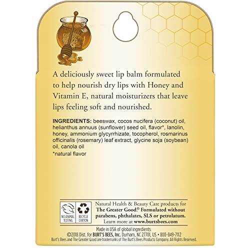 Burt's Bees Lip Balm - Honey, Lip Moisturizer With Responsibly Sourced Beeswax, Tint-Free, Natural Origin Conditioning Lip Treatment, 4 Tubes, 0.15 oz.
