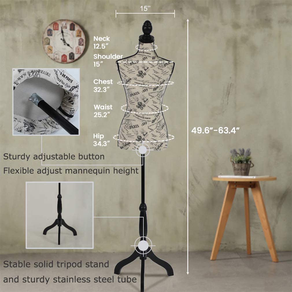 Mannequin Torso Manikin Dress Form 59-67 Inch Height Adjustable Female Dress Model Display Torso Body Tripod Stand Clothing Forms (CM, 59-67 Inches)