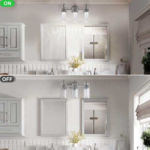 MAXvolador 3-Light LED Vanity Light Fixture, 1500Lumen Dimmable Wall Sconce Lighting, Modern Bathroom Wall Lights with Crystal Bubble Glass 21W, Cool White Over Mirror Vanity Lamp, Chrome Finish