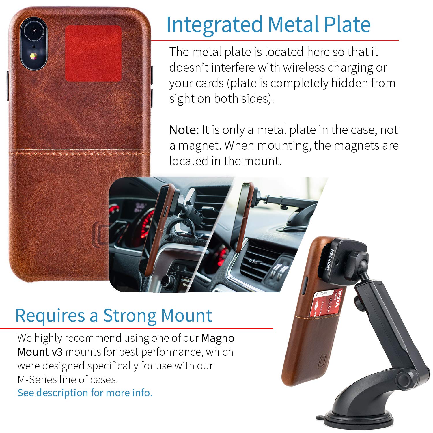 Dockem M1 Card Case for iPhone XR (6.1"): Slim Genuine Leather Wallet Case with Built-in Metal Plate for Magnetic Mounting and Lay-Flat Card Slot: Virtuosa [Brown]