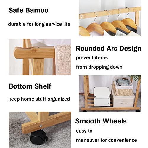 MOUTIK Wood Rolling Clothes Hanging Rack: Heavy Duty Double Rods Clothing Garment Racks - Bamboo Coat Hanger Organizer on Lockable Wheels with Shoes Shelf for Storage Display