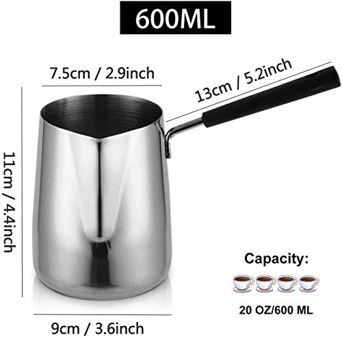Turkish Coffee Pot, Stainless Steel Milk and Coffee Warmer, Ibrik Cezve Arabic Briki Coffee Pot, Chocolate and Butter Melting Pot with Heat Resistant Handle, 20 OZ, 600 ML
