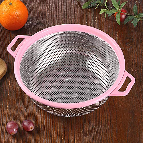 HiramWare Stainless Steel Colander With Handle and Legs, Large Metal Pink Strainer for Pasta, Spaghetti, Berry, Veggies, Fruits, Noodles, Salads, 5-quart 10.5” Kitchen Mesh Colander, Dishwasher Safe