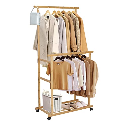 MOUTIK Wood Rolling Clothes Hanging Rack: Heavy Duty Double Rods Clothing Garment Racks - Bamboo Coat Hanger Organizer on Lockable Wheels with Shoes Shelf for Storage Display