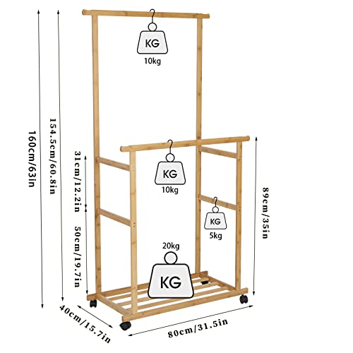 MOUTIK Wood Rolling Clothes Hanging Rack: Heavy Duty Double Rods Clothing Garment Racks - Bamboo Coat Hanger Organizer on Lockable Wheels with Shoes Shelf for Storage Display