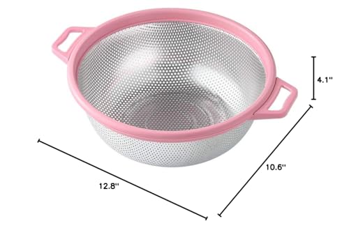 HiramWare Stainless Steel Colander With Handle and Legs, Large Metal Pink Strainer for Pasta, Spaghetti, Berry, Veggies, Fruits, Noodles, Salads, 5-quart 10.5” Kitchen Mesh Colander, Dishwasher Safe