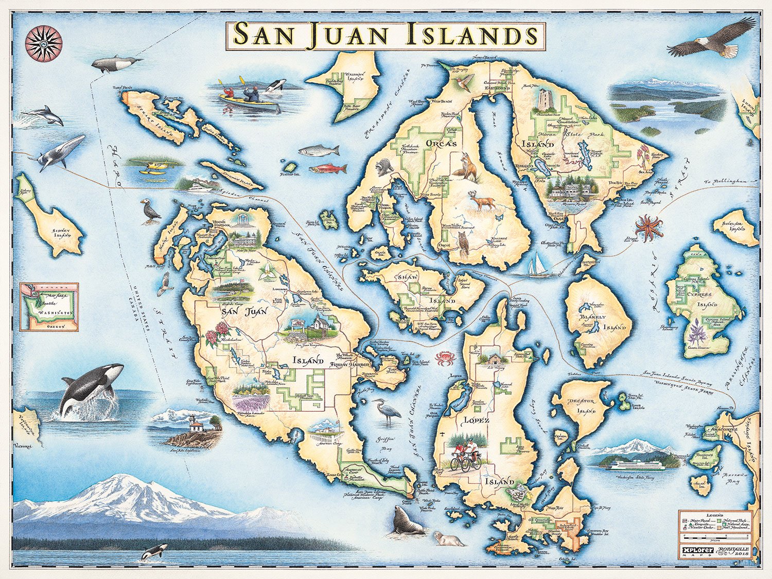 San Juan Islands Hand-Drawn Map ā 24x18 Vintage-Style Lithographic Print ā Made in USA
