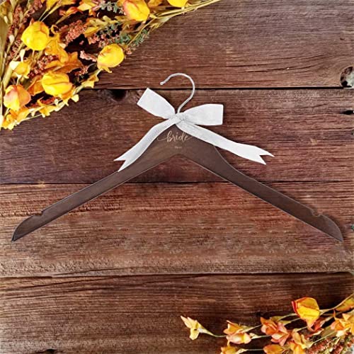 Yean Bow Knot Wedding Hangers Classic Wood Color Bride Dress Hanger Groom Suit Hanger Engraved Bridal Gown Hanger for Women and Men (Bride (Pack of 1)