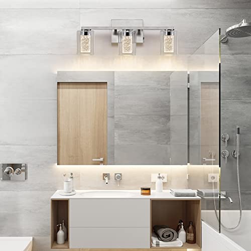 SADENICEL Brushed Nickel Vanity Lights, 3-Light Bathroom Light Fixtures, Crystal LED Bathroom Lights Dimmable White/Neutral/Warm Light with Clear Glass Shade for Bathroom Bedroom Hallway Lighting