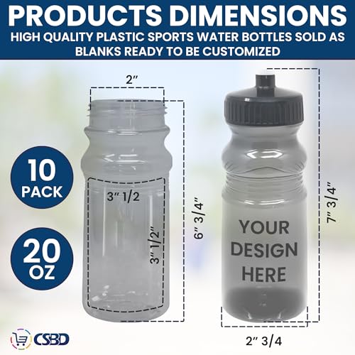 CSBD 20 oz. Bulk Water Bottles, 10 Pack, Made in USA, Blank Plastic Reusable Water Bottles for Gym, Cycling, BPA Free, Plastic Water Bottles Pull Top Cap for Sports, Translucent Smoke