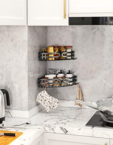 HapiRm 2 Pack Corner Shower Caddy with 4 Removable Hooks, No Drilling Shower Organizer Corner with Adhesives, Stainless Steel Shower Shelf for Bathroom, Kitchen and Bedroom-Black