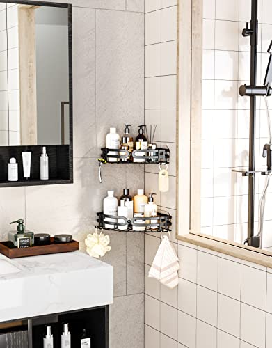 HapiRm 2 Pack Corner Shower Caddy with 4 Removable Hooks, No Drilling Shower Organizer Corner with Adhesives, Stainless Steel Shower Shelf for Bathroom, Kitchen and Bedroom-Black