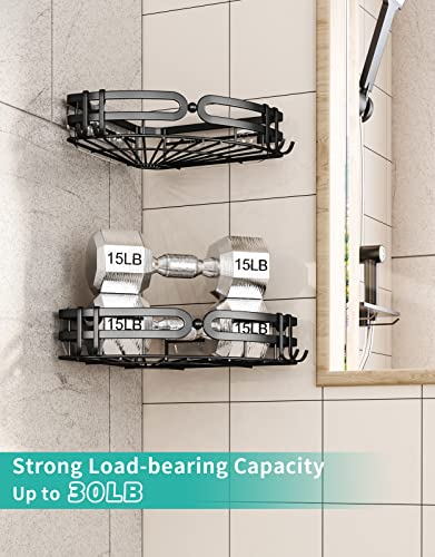 HapiRm 2 Pack Corner Shower Caddy with 4 Removable Hooks, No Drilling Shower Organizer Corner with Adhesives, Stainless Steel Shower Shelf for Bathroom, Kitchen and Bedroom-Black