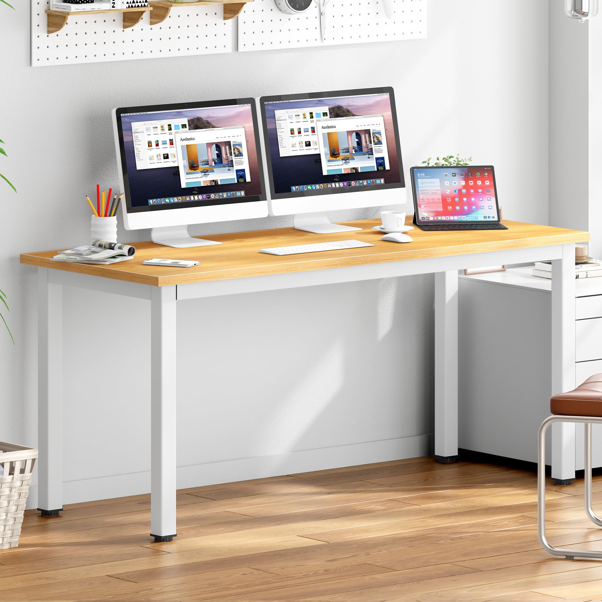 DlandHome 63 inches X-Large Computer Desk, Composite Wood Board, Decent and Steady Home Office Desk/Workstation/Table, BS1-160TW Teak and White Legs, 1 Pack