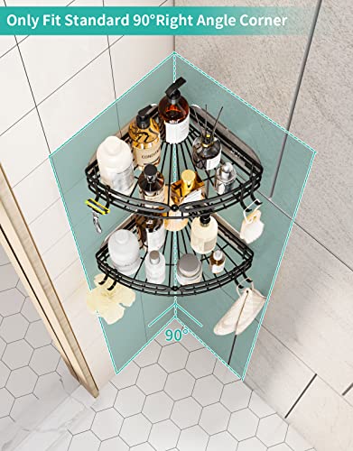 HapiRm 2 Pack Corner Shower Caddy with 4 Removable Hooks, No Drilling Shower Organizer Corner with Adhesives, Stainless Steel Shower Shelf for Bathroom, Kitchen and Bedroom-Black