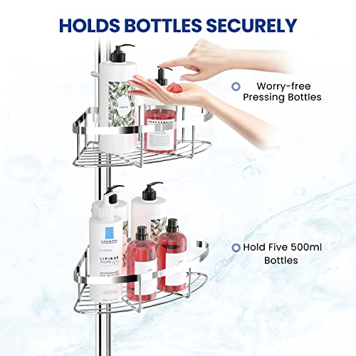 SEIRIONE Rustproof Shower Corner Caddy Organizer for Bathroom, 4 Adjustable Shelves with Tension Pole, for Bathtub Shampoo Accessories Storage Holder, 56 to 114 Inch Height