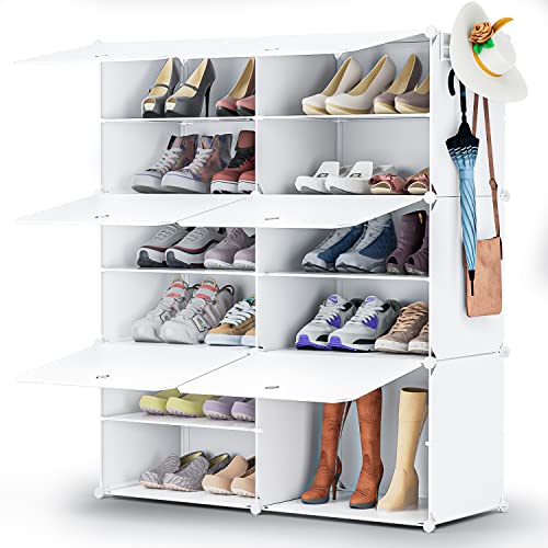 Neprock 6 Tier White Shoe Rack Organizer Bundle with 20-Pack Grey Shoe Slots Organizer