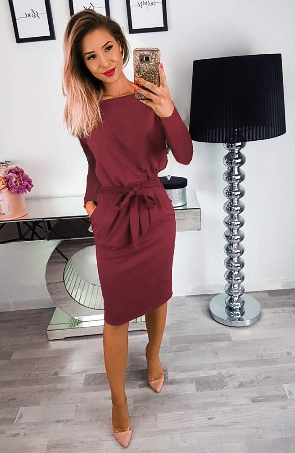 PRETTYGARDEN Women's Fall Bodycon Party Dress Casual Long Sleeve Tie Waist Fitted Sheath Pencil Dresses with Pockets (Wine Red,Large)