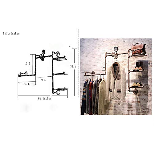 OTUGARE Industrial Vintage Iron Pipe Wall Mounted Clothing Rack Multi-function Garment Store Display Rack Shoes Bag Store Shelves Clothes Hanger(65”)