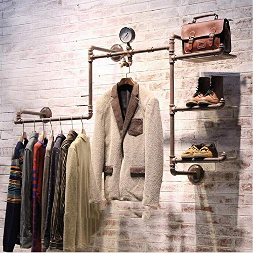 OTUGARE Industrial Vintage Iron Pipe Wall Mounted Clothing Rack Multi-function Garment Store Display Rack Shoes Bag Store Shelves Clothes Hanger(65”)