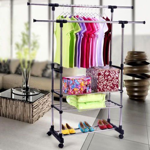 Clothes Garment Rack Clothing Rack Double Bar Adjustable Garment Racks Rolling Clothes Organizer Vertical and Horizontal Stretching Hanging Rod Stand Clothes Rack with Shoe Shelf and Wheels
