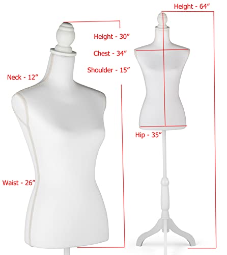Female Dress Form Mannequin Torso Adjustable Height Mannequin Body with Tripod Stand for Clothing Dress Jewelry Display, White