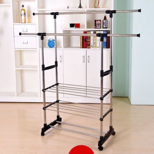 Clothes Garment Rack Clothing Rack Double Bar Adjustable Garment Racks Rolling Clothes Organizer Vertical and Horizontal Stretching Hanging Rod Stand Clothes Rack with Shoe Shelf and Wheels