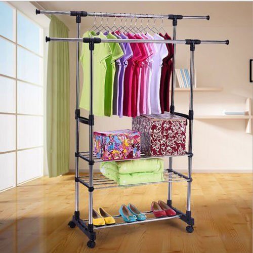 Clothes Garment Rack Clothing Rack Double Bar Adjustable Garment Racks Rolling Clothes Organizer Vertical and Horizontal Stretching Hanging Rod Stand Clothes Rack with Shoe Shelf and Wheels