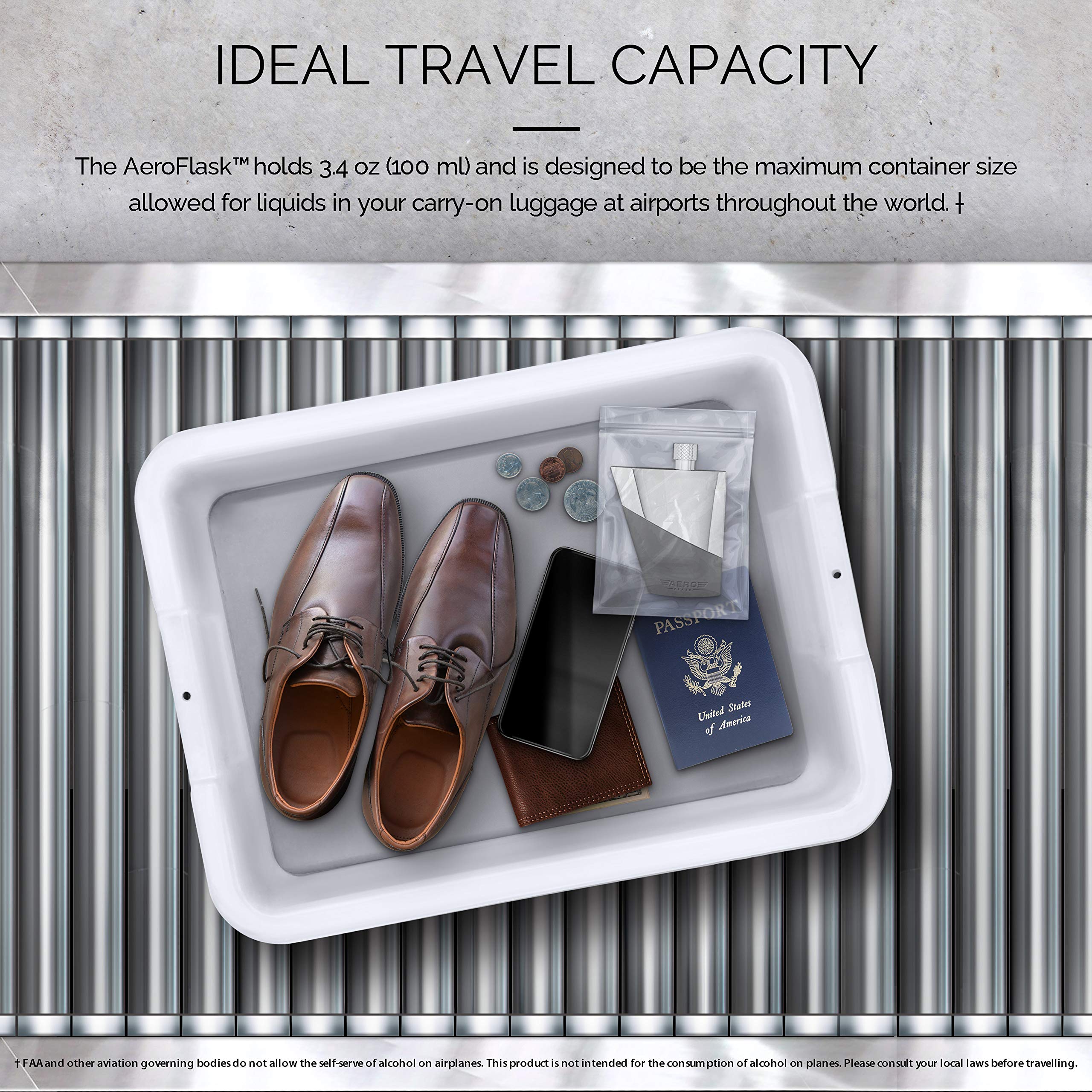 Final Touch Aero Flask Travel Liquor Container - 3.4 oz 100ml Carry-On Flask with Built-in Funnel - Aerodynamic Design Inspired by Airplane Wings - Stainless Steel - Comfortable for Pocket (FTA1820)