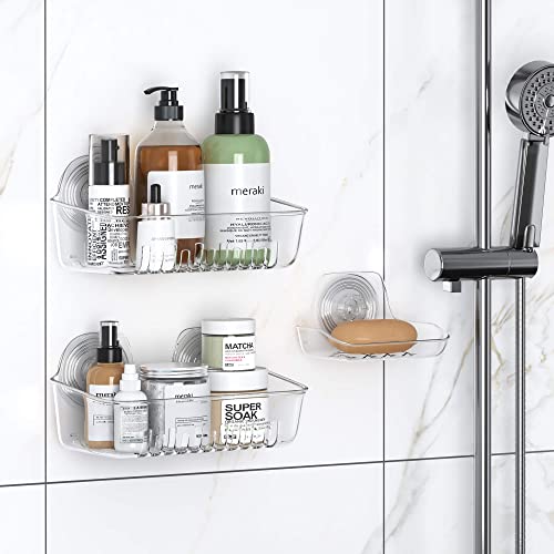 UDD Clear Shower Caddy with Soap Dish, Bathroom Shower Organizer Storage Shower Rack Wall Adhesive Shower Shelves for Dorm Bathtub, 3 Pack