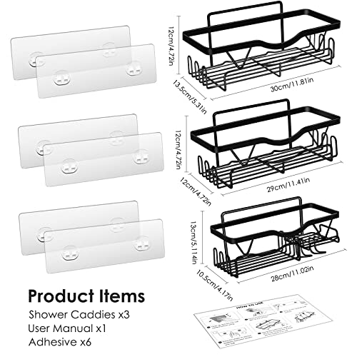 longzon Shower Caddy with 6 Traceless Adhesive, 3 Pack Shower Organizer, No Drilling Stainless Steel Shower Shelf, for Bathroom Suction Cup Storage Rack Shelves Black
