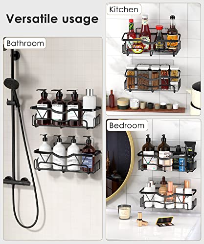 longzon Shower Caddy with 6 Traceless Adhesive, 3 Pack Shower Organizer, No Drilling Stainless Steel Shower Shelf, for Bathroom Suction Cup Storage Rack Shelves Black