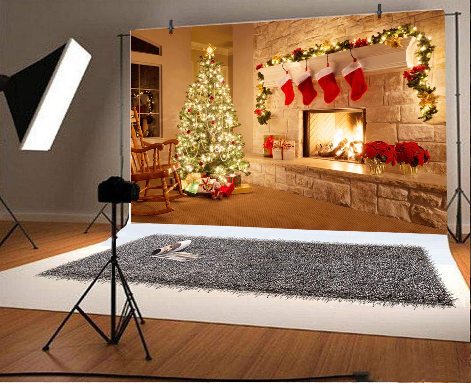 Leyiyi 10x8ft Photography Background Merry Christmas Backdrop Happy New Year Rustic Xmas Tree Pine Fireplace Socks Vintage Stone Wall Red Balls Cold Winter Wreath Gift Photo Portrait Vinyl Studio Prop