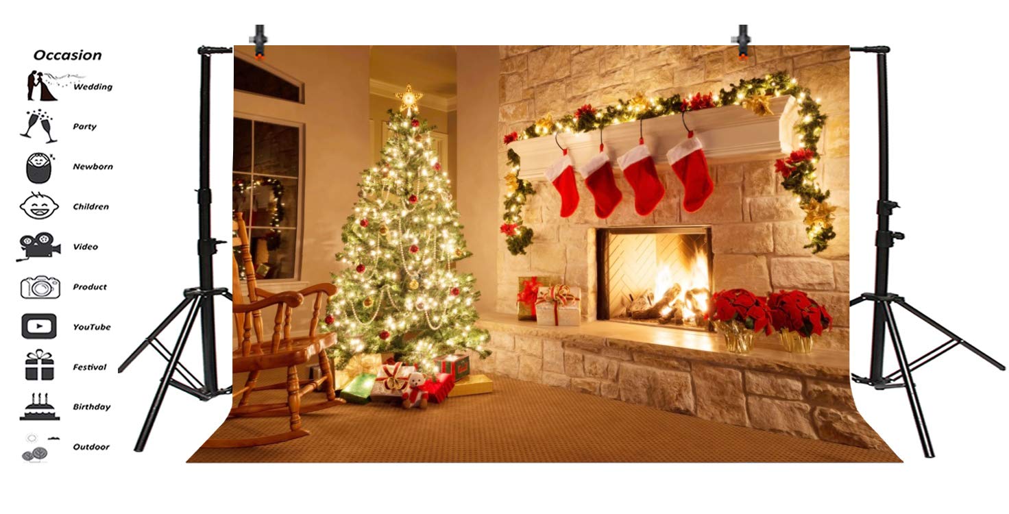 Leyiyi 10x8ft Photography Background Merry Christmas Backdrop Happy New Year Rustic Xmas Tree Pine Fireplace Socks Vintage Stone Wall Red Balls Cold Winter Wreath Gift Photo Portrait Vinyl Studio Prop