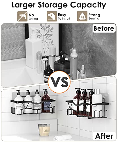 longzon Shower Caddy with 6 Traceless Adhesive, 3 Pack Shower Organizer, No Drilling Stainless Steel Shower Shelf, for Bathroom Suction Cup Storage Rack Shelves Black