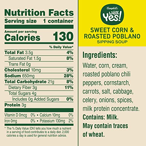 Campbell's Well Yes! Sipping Soup, Sweet Corn and Roasted Poblano Soup, Vegetarian Soup, 11.1 Oz Microwavable Cup (Case of 8)