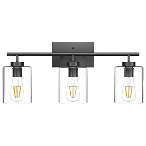 Aipsun 3 Lights Black Vanity Light Fixtures Over Mirror with Clear Glass Shades Industrial Wall Light Fixture for Bathroom(Exclude Bulb)