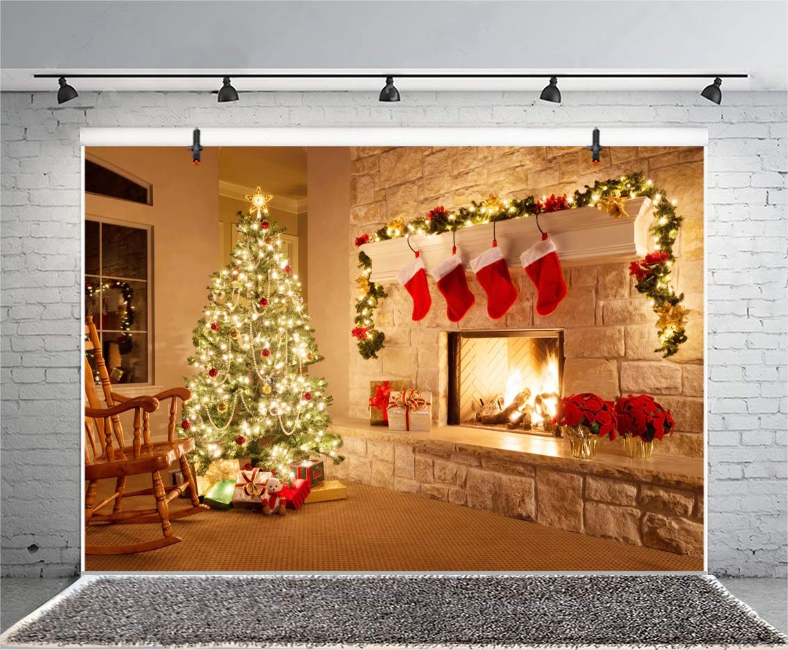 Leyiyi 10x8ft Photography Background Merry Christmas Backdrop Happy New Year Rustic Xmas Tree Pine Fireplace Socks Vintage Stone Wall Red Balls Cold Winter Wreath Gift Photo Portrait Vinyl Studio Prop
