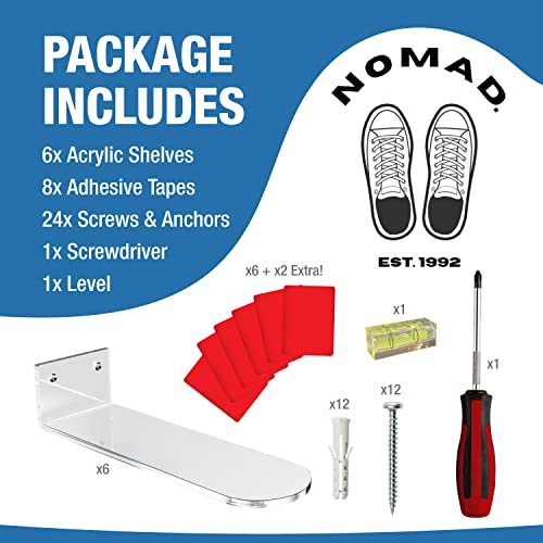 Import Nomad Unbound Shoe Shelves for Wall Floating Shelves (6 Pack) - Clear Floating Shoe Display Shoe Shelves for Wall - Two Install Methods, Durable & Strong.