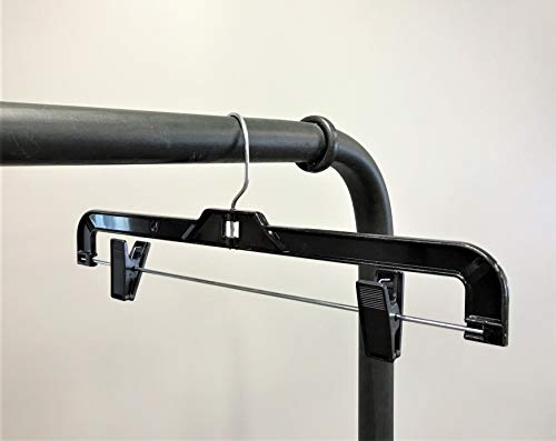 NAHANCO 8600PC 14" Shiny Black Plastic Hanger, Heavy Weight Skirt Slack Hanger with Black Plastic Clips (Pack of 100), Black Clips & Chrome Hook
