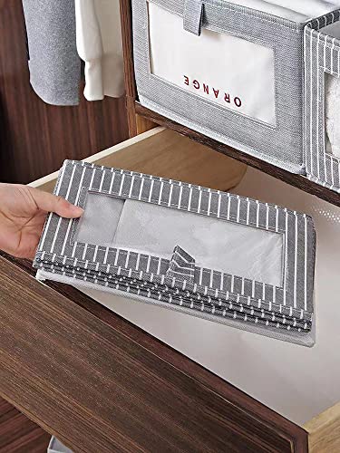 2 Pack Open Storage Bins, Washable & Visible Closet Clothing Organizer with Window. Foldable Fabric Baskets for Clothes, Towel, DVD, Book (Grey stripe)